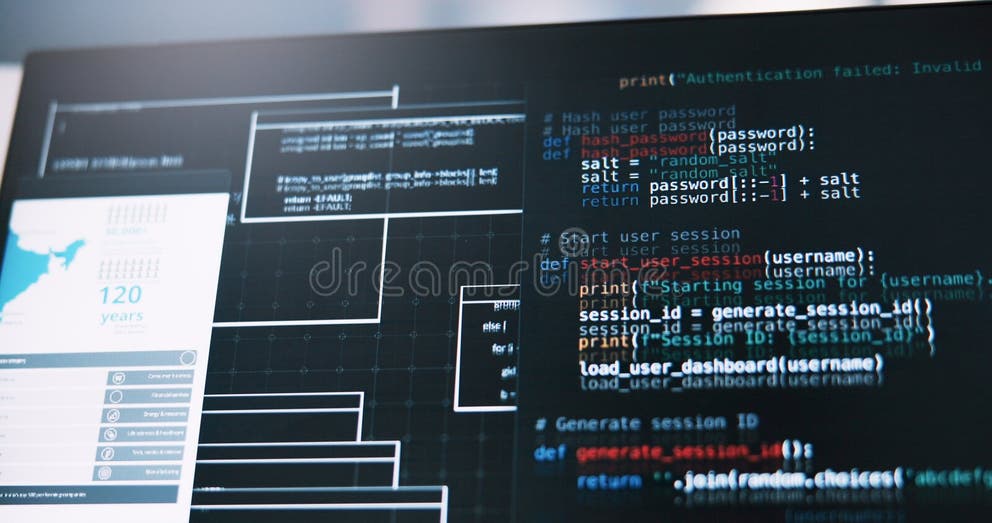 Computer Screen, Code and Software Development with Programming Language for AI or Web Design at ...
