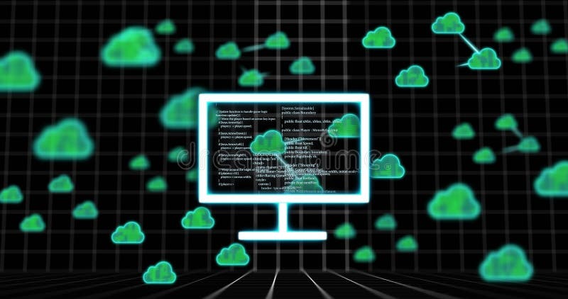 Computer Screen with Code Surrounded by Cloud Icons, Data Processing Animation Stock Video ...