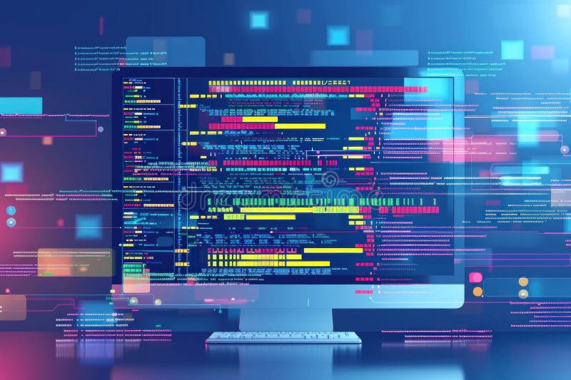 Computer Screen With Colorful Glitch Effect And Lines Of Programming Code In Close Up View Stock