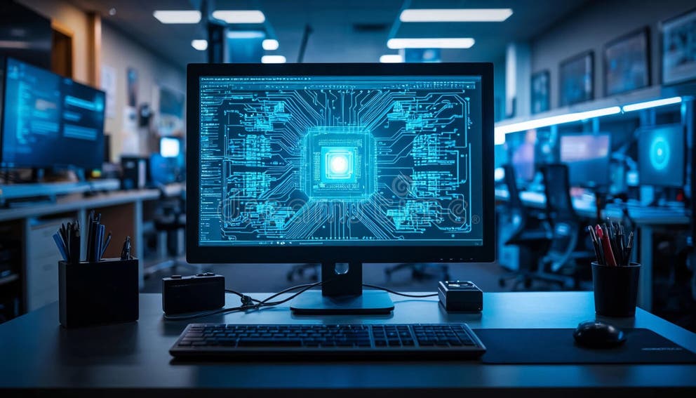 Computer Screen with Complex AI Development Diagrams and Programs Stock Illustration ...