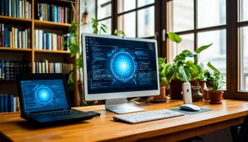 Computer Screen with Complex AI Development Diagrams and Programs Stock Illustration ...