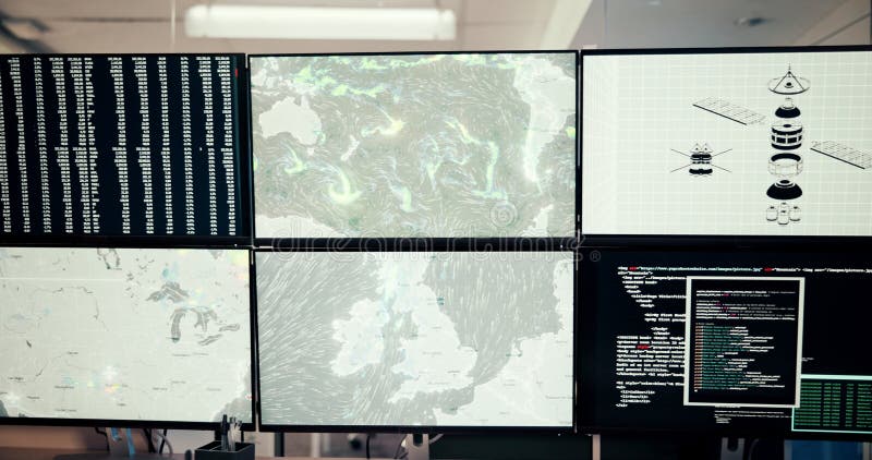 Computer, Screen and Data with Map, Control Room and Broadcast for News ...