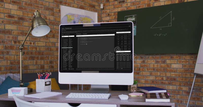 Computer Screen with Data Processing Standing on Desk in Office Stock ...