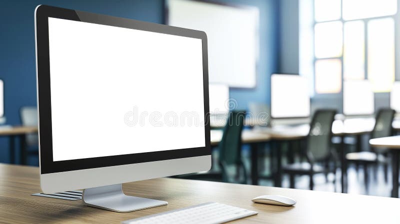 Computer Screen on Desk in Modern Classroom with Bright Windows and ...