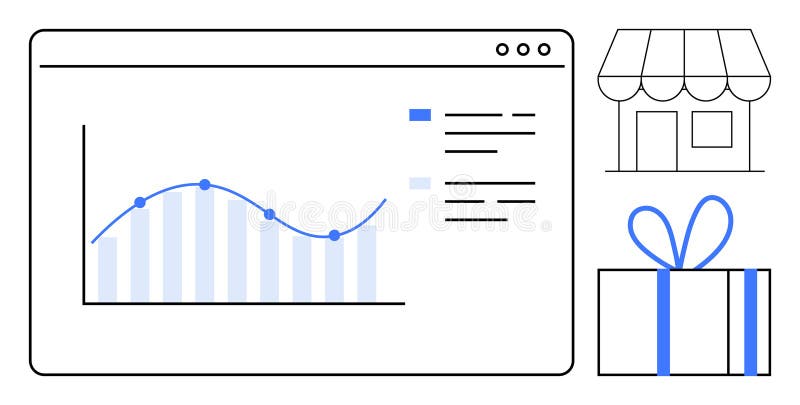 E-commerce Analytics Graph on Webpage, Storefront, and Gift Box ...