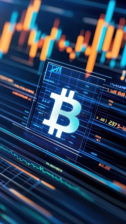 Computer Screen Displaying Bitcoin Surrounded by Digital Elements in a ...