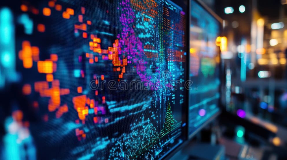 Computer Screen Showing Colorful Data Processing and Analysis in a Modern Monitoring Room Stock ...