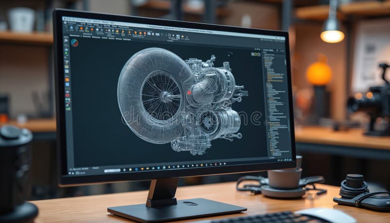 Computer Screen Displaying 3D Modeling Software. Engineering Workspace, CAD Design Visualization ...