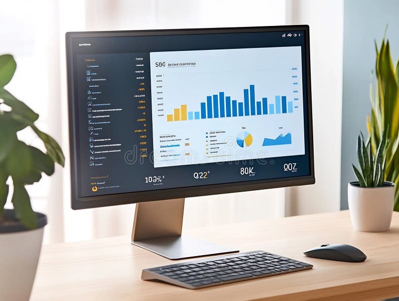 Computer Screen Displaying Data Charts on a Desk with Keyboard and ...