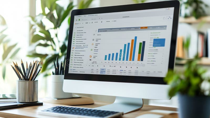 Computer Screen Displaying Data Charts on a Desk with Office Supplies ...