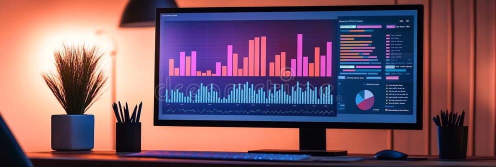 Computer Screen Displaying Data Graphs and Charts on a Desk with Plants Near by Stock ...