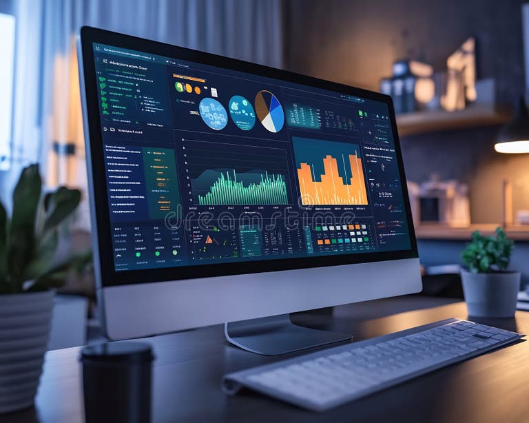 Computer Screen Displaying Data Visualizations on a Desk with Keyboard Nearby Stock Illustration ...