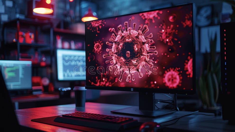 Computer Screen Displaying a Detailed Digital Representation of a Virus ...