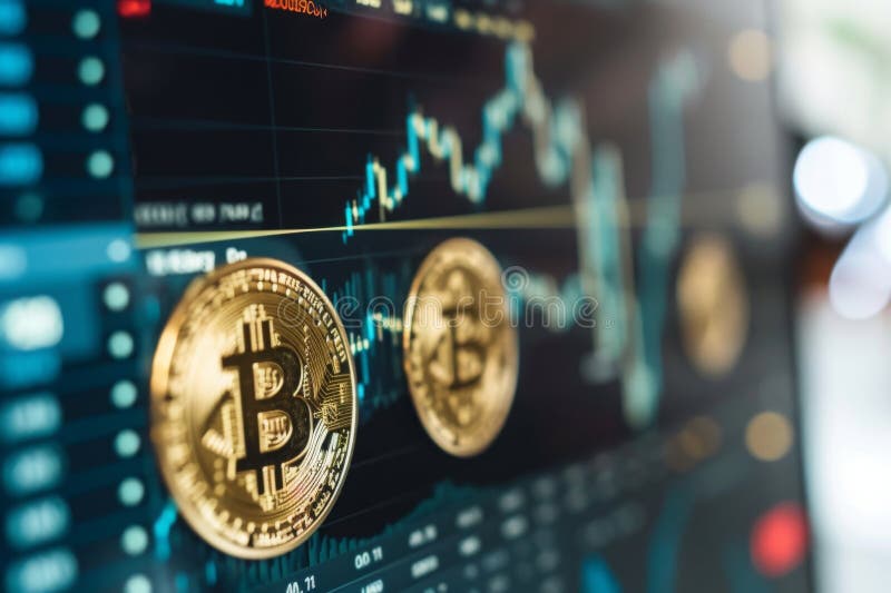 A Computer Screen Displaying a Digital Image of a Bitcoin, a Line Graph ...