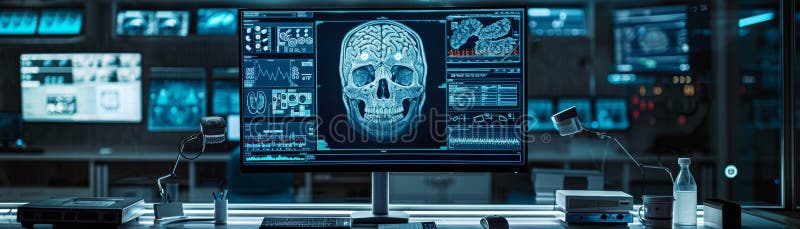 A Computer Screen Displaying a Digital Skull Image. Surrounded by ...