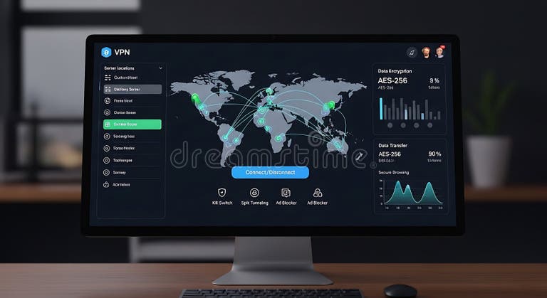 Computer Screen Displaying Global Vpn Network with Digital Data ...