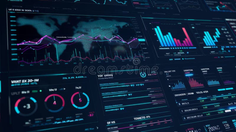 Computer Screen Displaying Various Data Charts Graphs Dark Interface