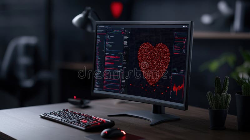 Computer Screen Displaying Love Heart Visual in a Modern Workspace ...