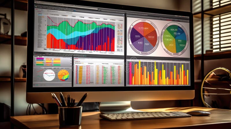 A Computer Screen Displaying Multiple Financial Reports, Graphs and Pie ...