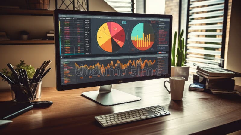 A Computer Screen Displaying Multiple Financial Reports, Graphs and Pie ...