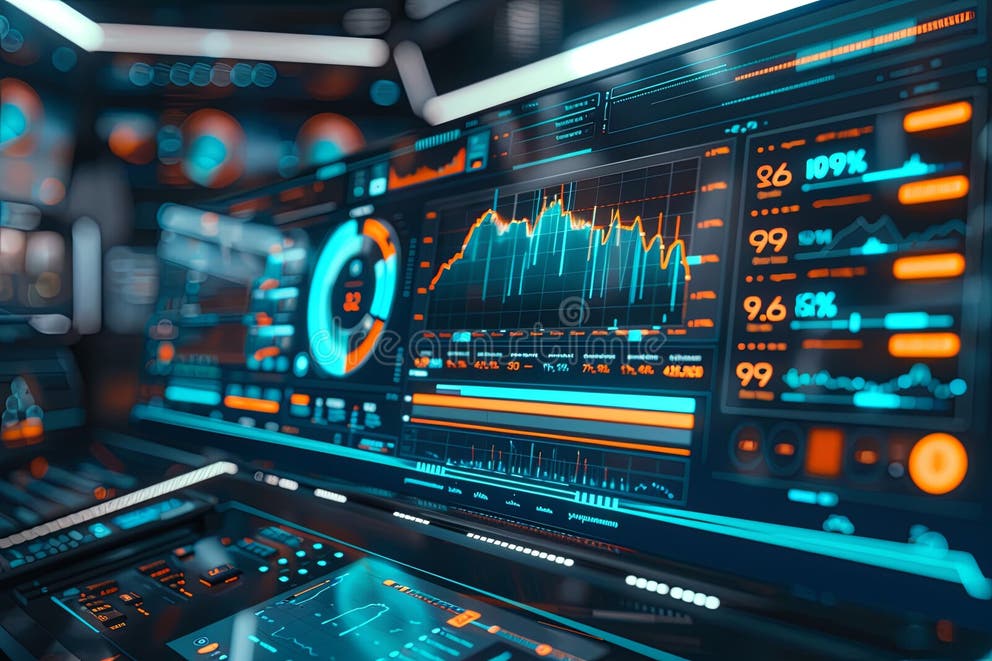 A Computer Screen Displaying a Multitude of Real-time Data in a Futuristic Dashboard. Generative ...