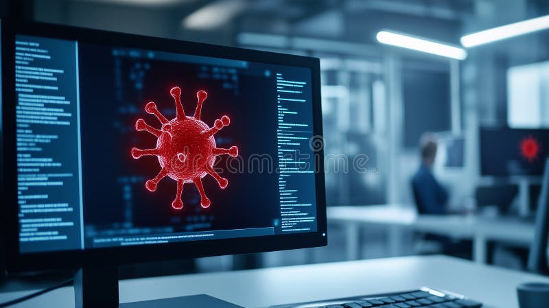 Computer Screen Displaying a Red Virus Warning in a Modern Office ...