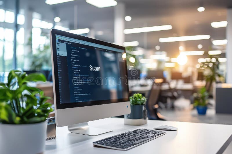 Computer Screen Displaying a Scam Email in a Modern Office Setting with ...