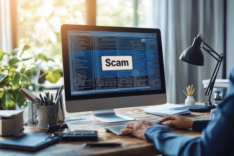 Computer Screen Displaying a Scam Message Warning in a Modern Office ...
