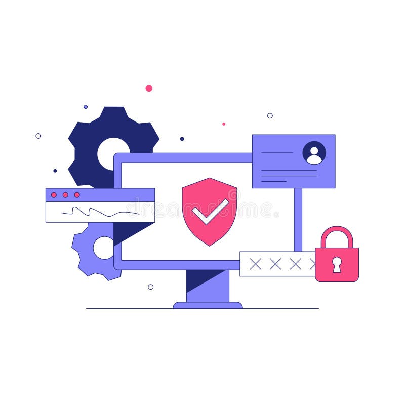 Computer with Shield Icon and Security Elements in Flat Vector Illustration Symbolizing Online ...