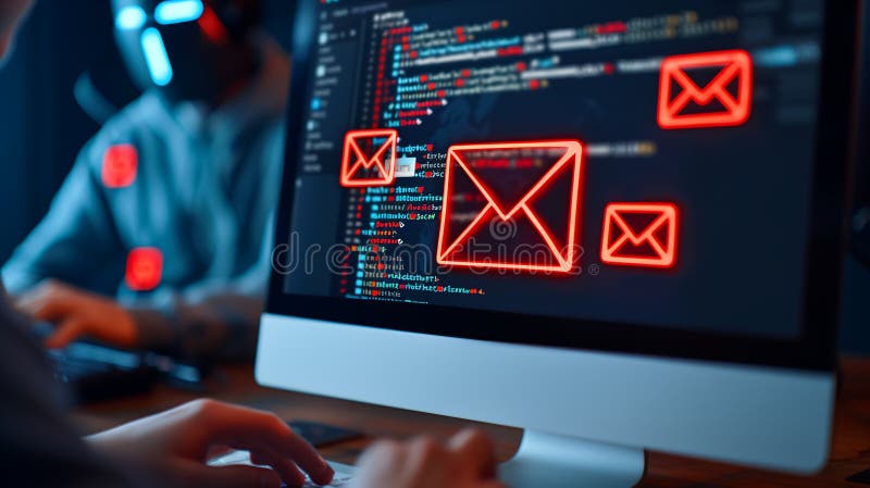 Computer Screen Displaying Suspicious Email Interface with Red Alert ...