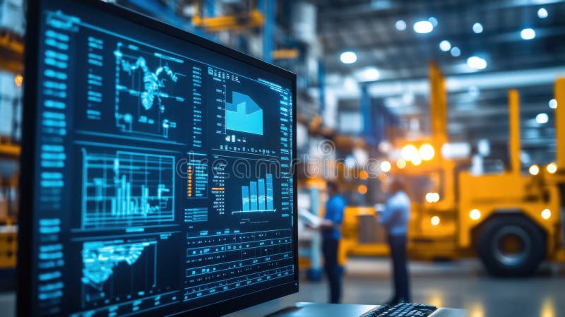 Computer Showing Production Statistics in Modern Factory with Engineers Working Stock ...
