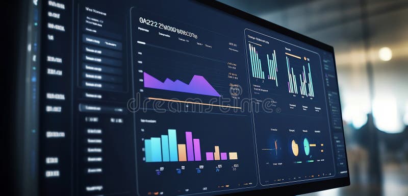 Computer Screen Displaying Various Data Charts and Graphs in a Dark Interface Stock Illustration ...
