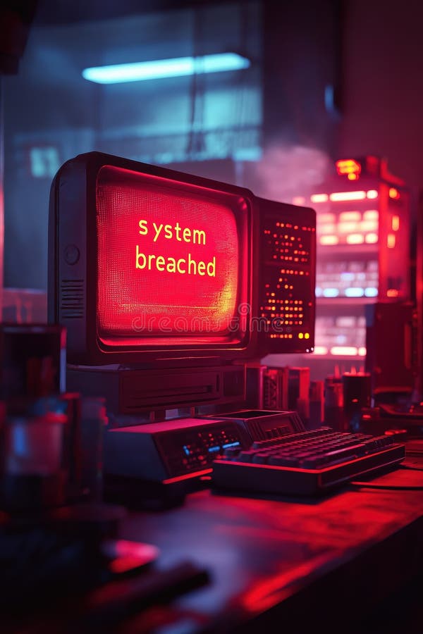 Computer Screen Displaying Warning of System Breach in Dimly Lit ...
