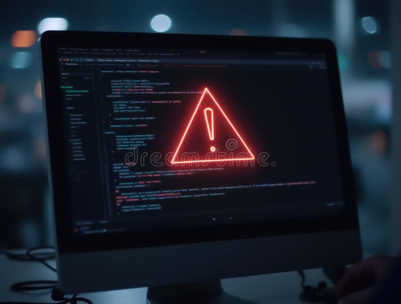 Computer Screen Displaying Warning Triangle for Virus or Malware Threat ...