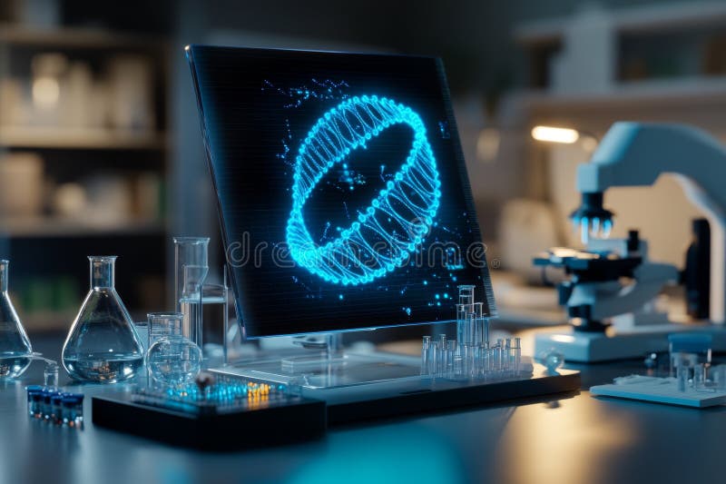 DNA Double Helix Structure on Computer Screen in Lab Stock Illustration ...