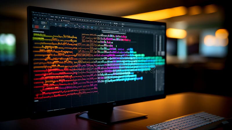 Computer Screen Displays Colorful Coding Lines with Keyboard Technology Concept for Software ...