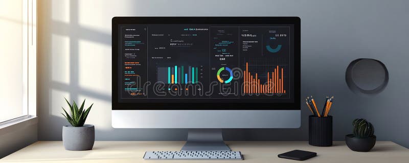 Computer Screen Displaying Data Charts on a Desk with Plants and ...