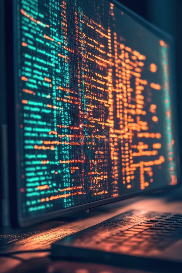Computer Screen Displays Complex Cybersecurity Data with Orange and ...