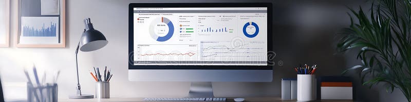 Computer Screen Displaying Data Charts on a Desk with Office ...
