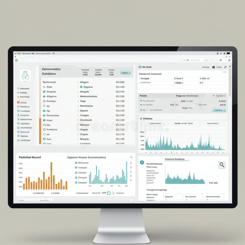 A Computer Screen Displays a Data Dashboard Interface with Charts and Tables. the Stock ...