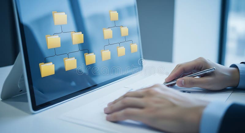 A Computer Screen Displays a Digital Folder Hierarchy with Yellow ...