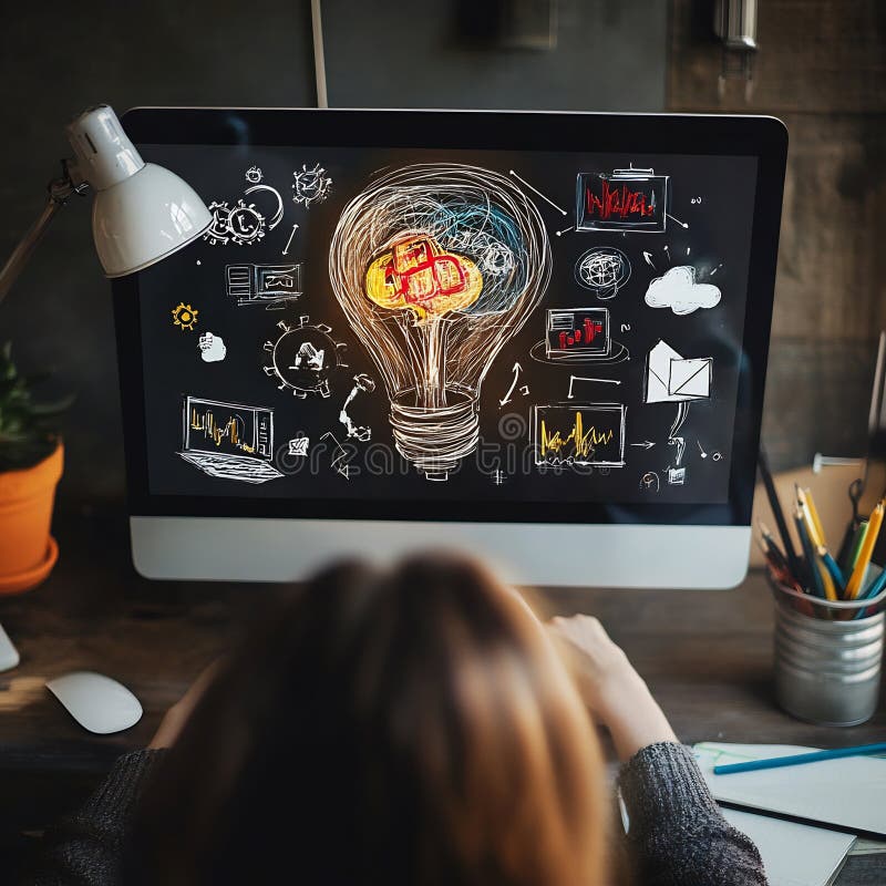 Computer Screen Displays a Digital Illustration of a Light Bulb with ...