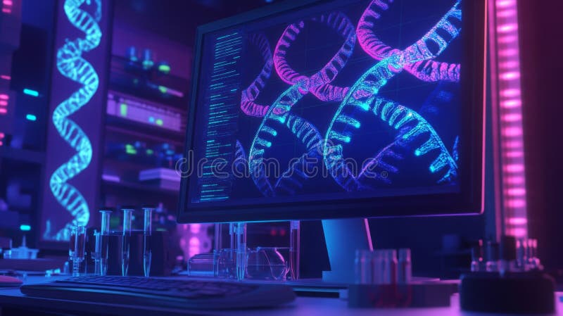 A Computer Screen Displays Dynamic Graphics of DNA Strands, Highlighted ...