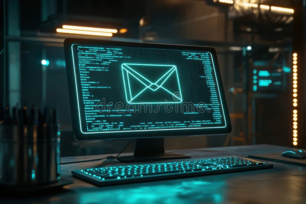 Computer Screen Displays Glowing Email Interface with Code in a Modern ...
