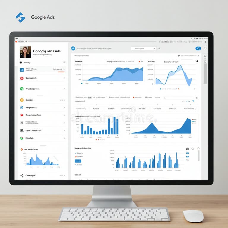 A Computer Screen Displays a Google Ads Interface Featuring Various ...