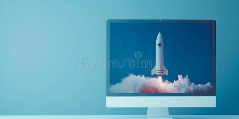 Computer Screen Displays a Rocket Symbolizing Startup Success Against a ...