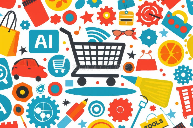 Vibrant Computer Screen Design Showcasing AI Tools with Shopping Cart ...