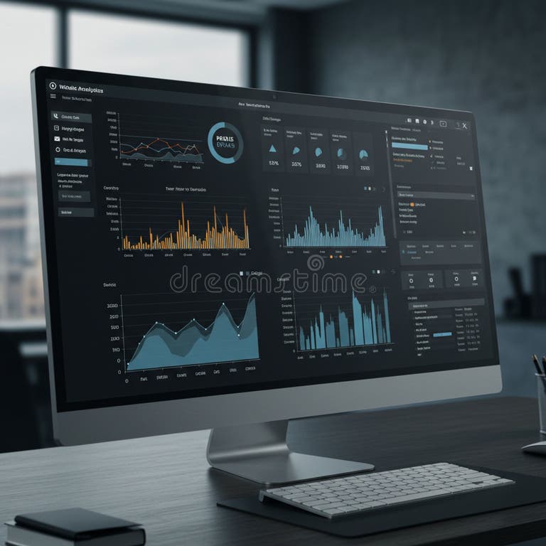 A Computer Screen Displays a Sophisticated Data Analytics Dashboard with Various Stock ...