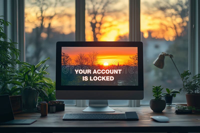 Computer Screen Displays Sunset while Showing Account Lock Notification ...