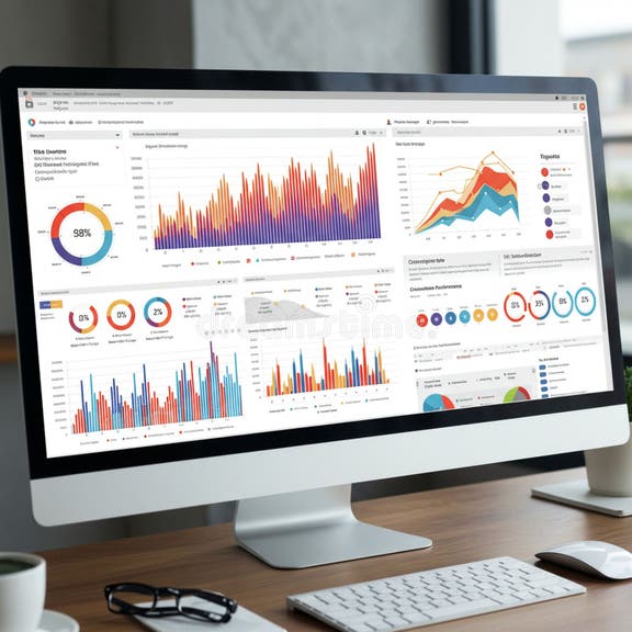 A Computer Screen Displays Various Data Visualizations, Including Bar ...
